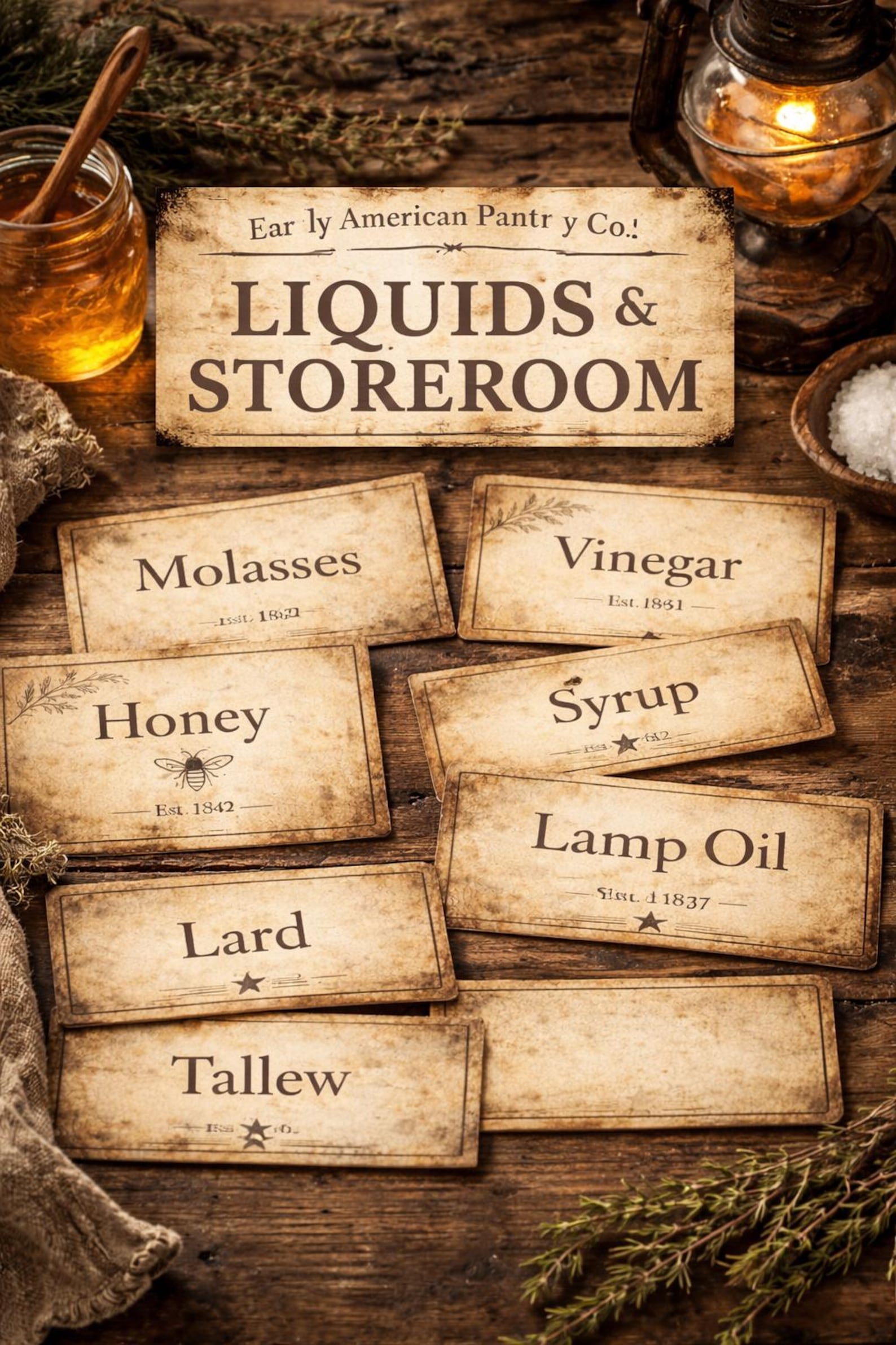 Early American Pantry Labels – Liquids & Storeroom | Primitive Mason ...