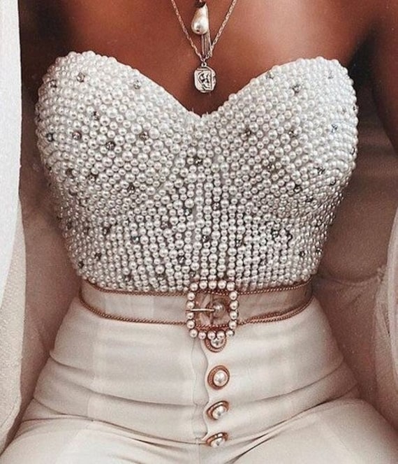 Pearl Bustier White Beaded Corset Top Art Arianne Sparkly - Etsy Canada