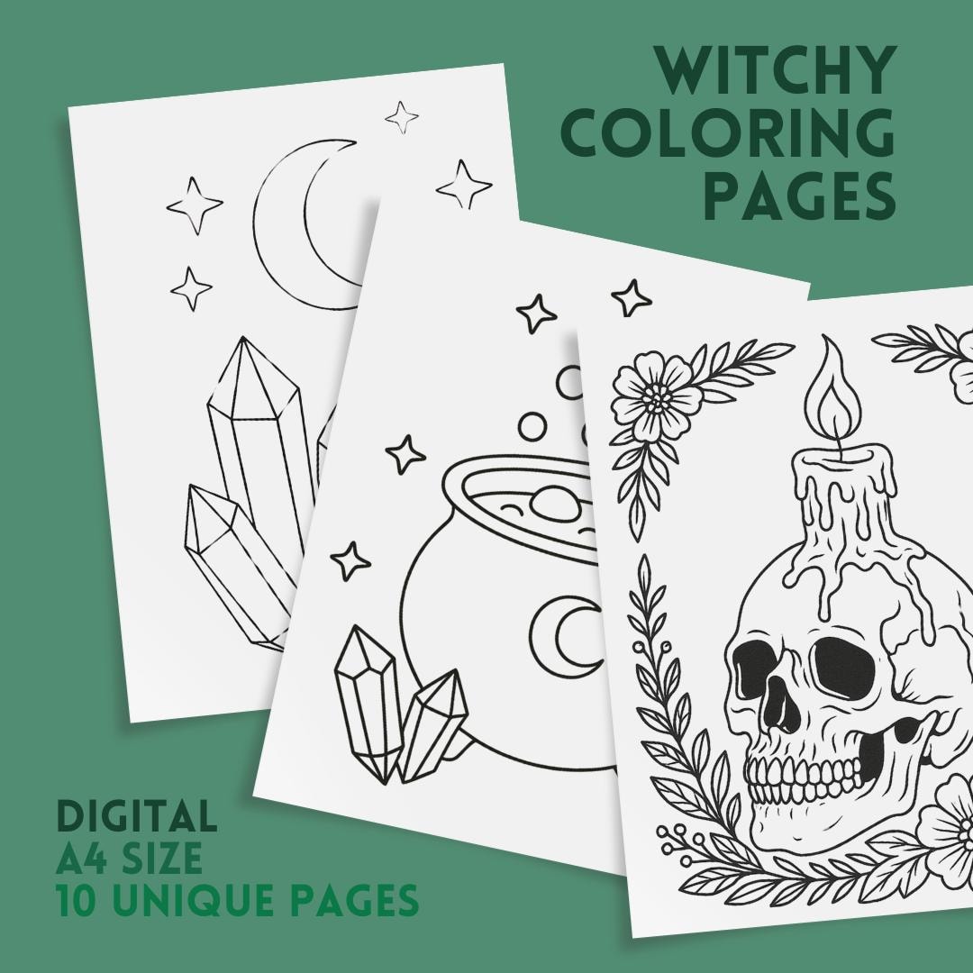Witchy Coloring Pages Bundle | Printable Celtic Witch, Crystals ...