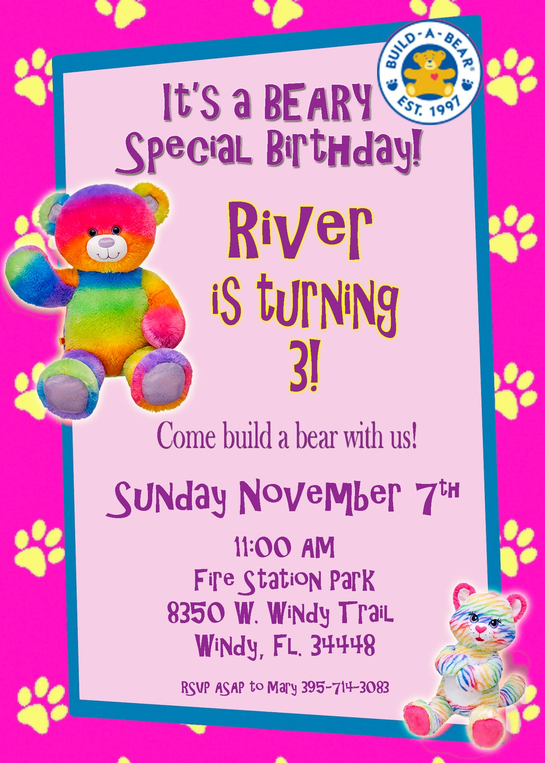 Personalized Customized Build-a-bear Birthday Invitation - Rainbow Bear ...