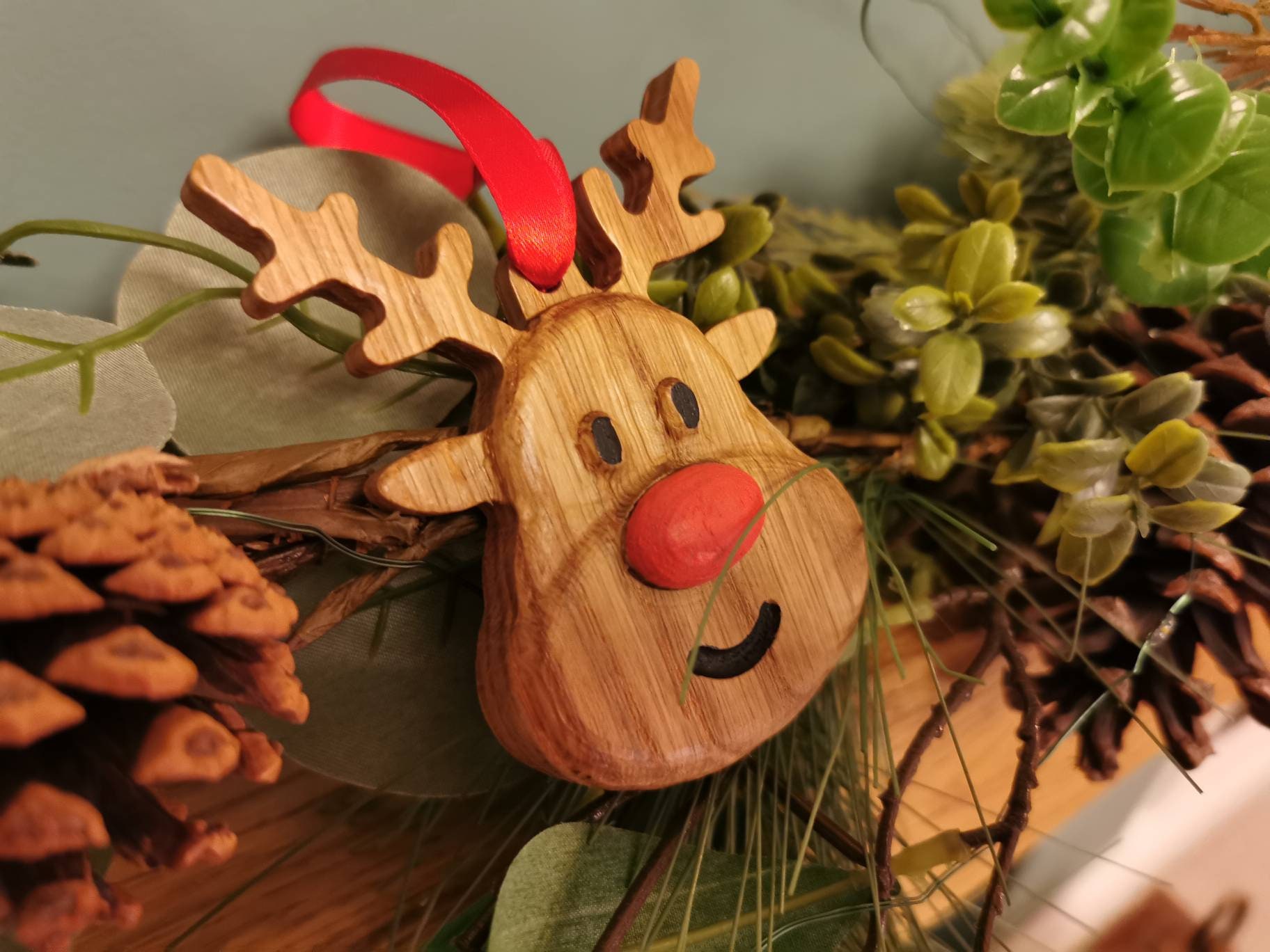 Carved Wooden Reindeer Christmas Ornament - Hand-painted Holiday Decor ...