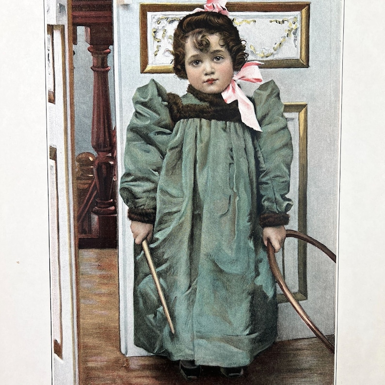 1893 Victorian Color Typogravure Young Girl Green Dress Artist Gabriel ...