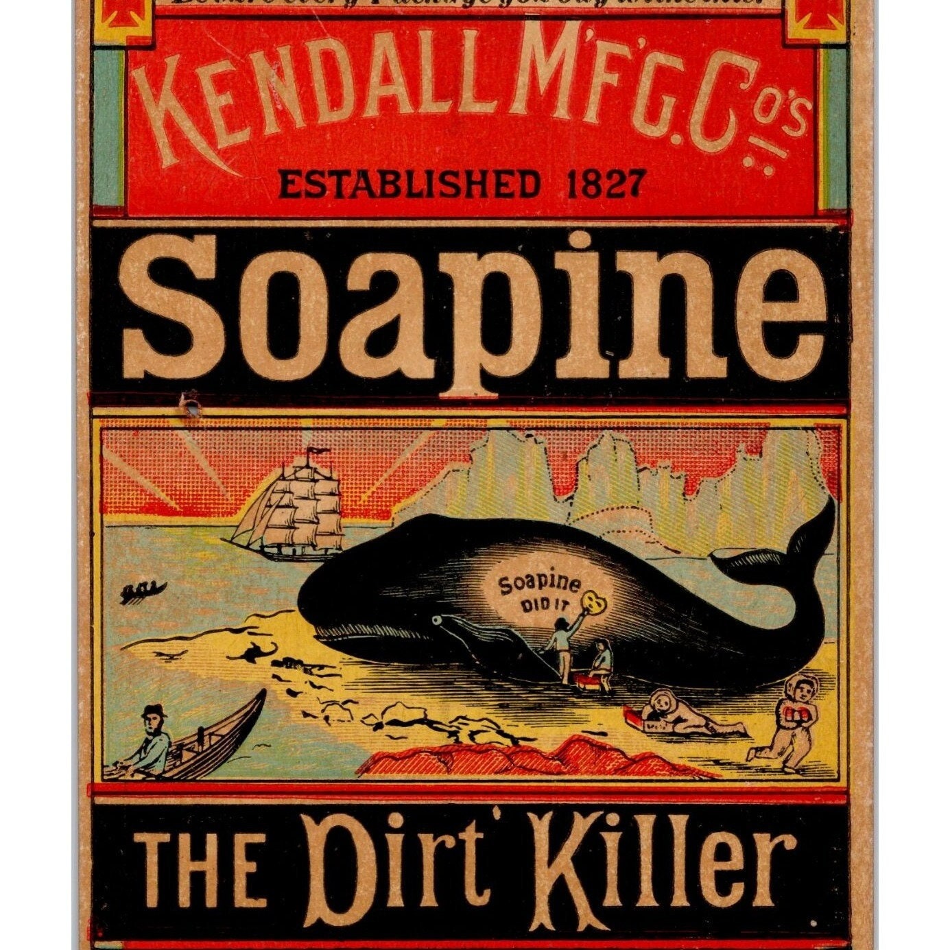 1880s SOAPINE Trade Card Kendall MFG Co Beached Whale English & German ...