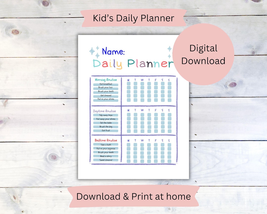Kid's Daily Planner, Kid's Schedule, Children's Routine Checklist ...