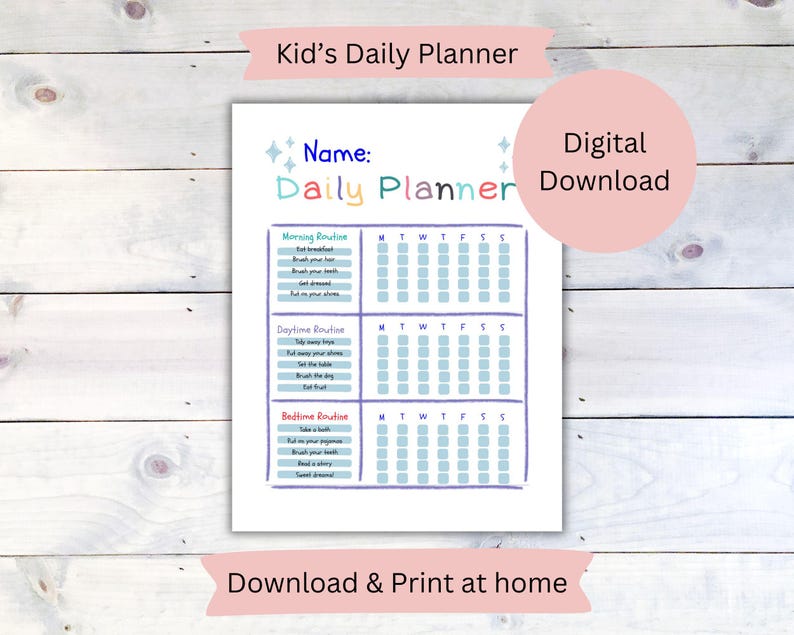 Kid's Daily Planner, Kid's Schedule, Children's Routine Checklist ...