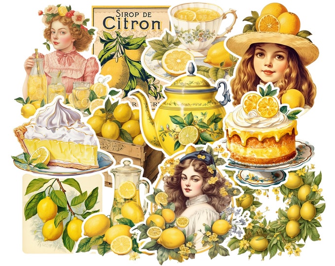 Vintage Lemon and Citrus Sticker Pack. Handmade Gifts, Yellow Junk ...