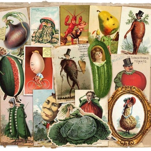 Victorian Vegetables Fruit Food Sticker Pack Anthropomorphic Oddities Antique Advertisements ...