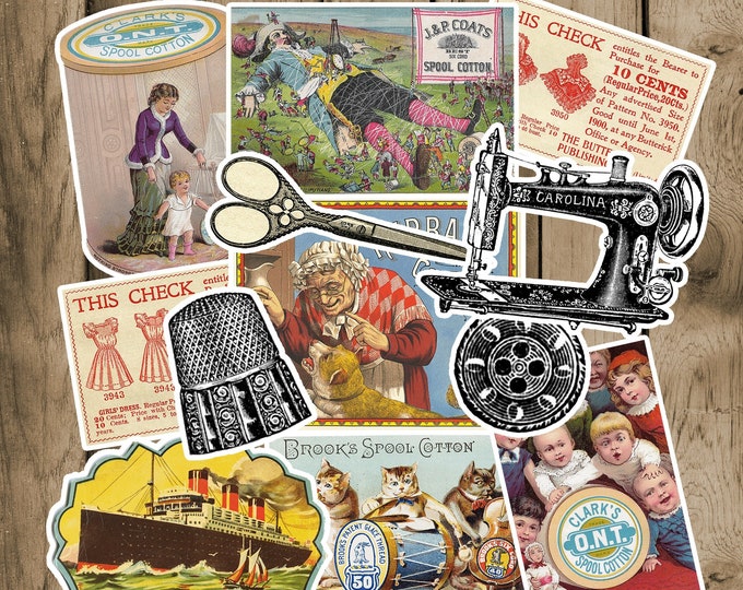 Vintage Sewing Stickers Pack. 18 Die Cut Stickers. Ephemera, Vintage ...