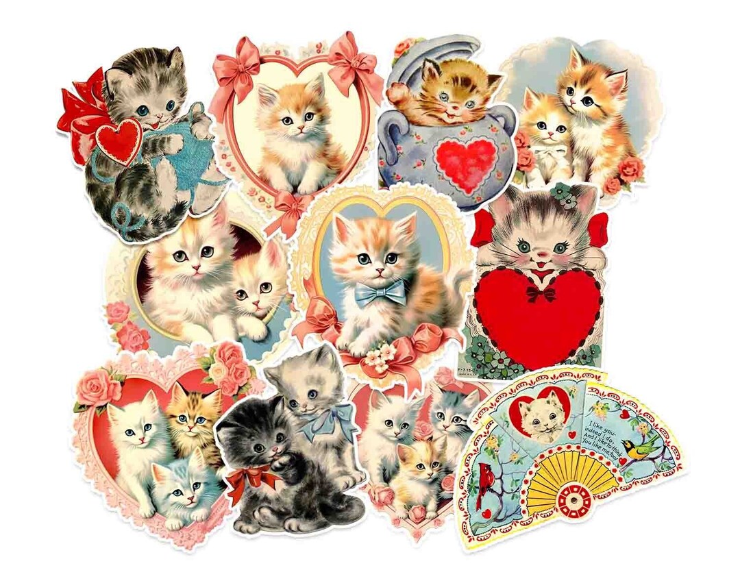 Vintage Cat Stickers Pack. Handmade Cute Kitsch Style Journal Stickers ...