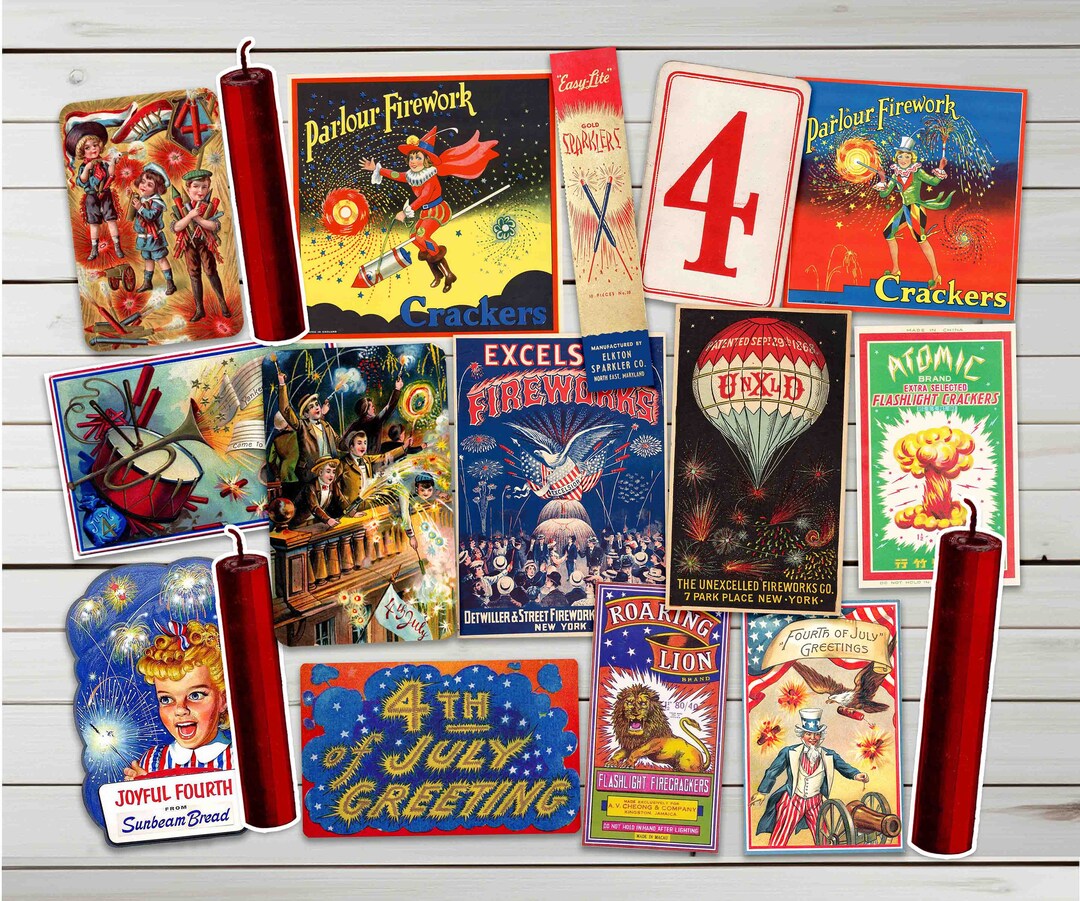 Vintage Fireworks Stickers. 4th of July, Independence Day, Patriotic ...