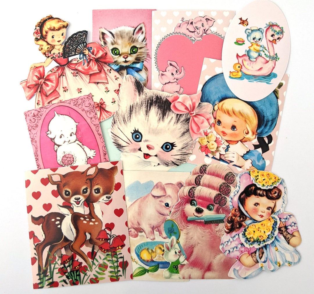 Vintage Pink Stickers Pack. Handmade Cute Kitsch Journal Stickers. Cat ...