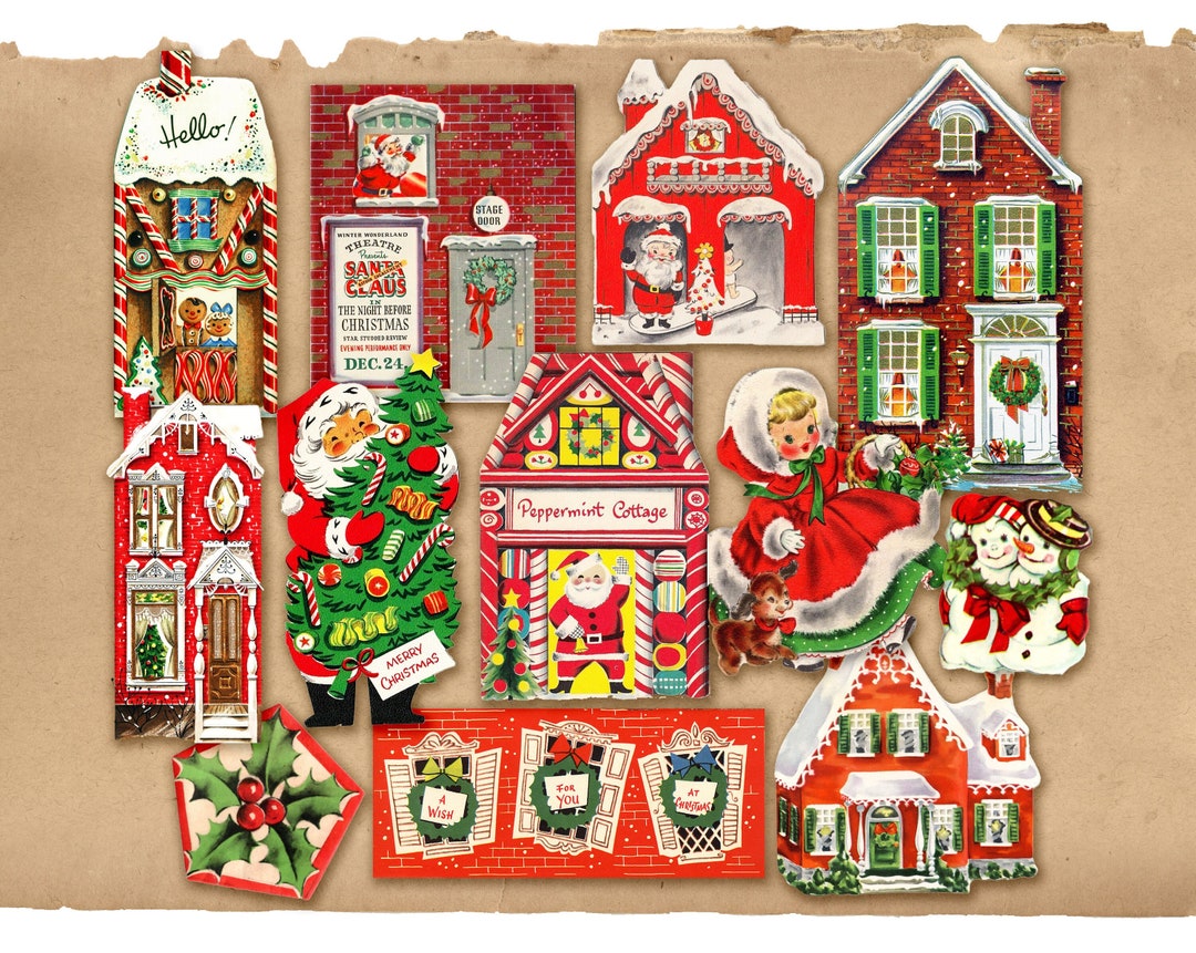 Vintage Christmas Village Sticker Pack. Retro Christmas Stickers ...
