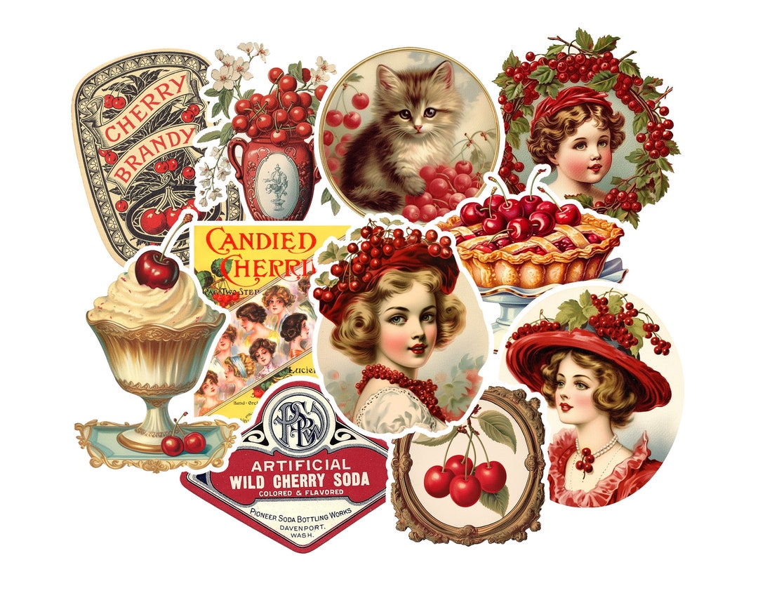 Vintage Cherry Stickers Pack. Red Junk Journal, Ephemera, Victorian ...