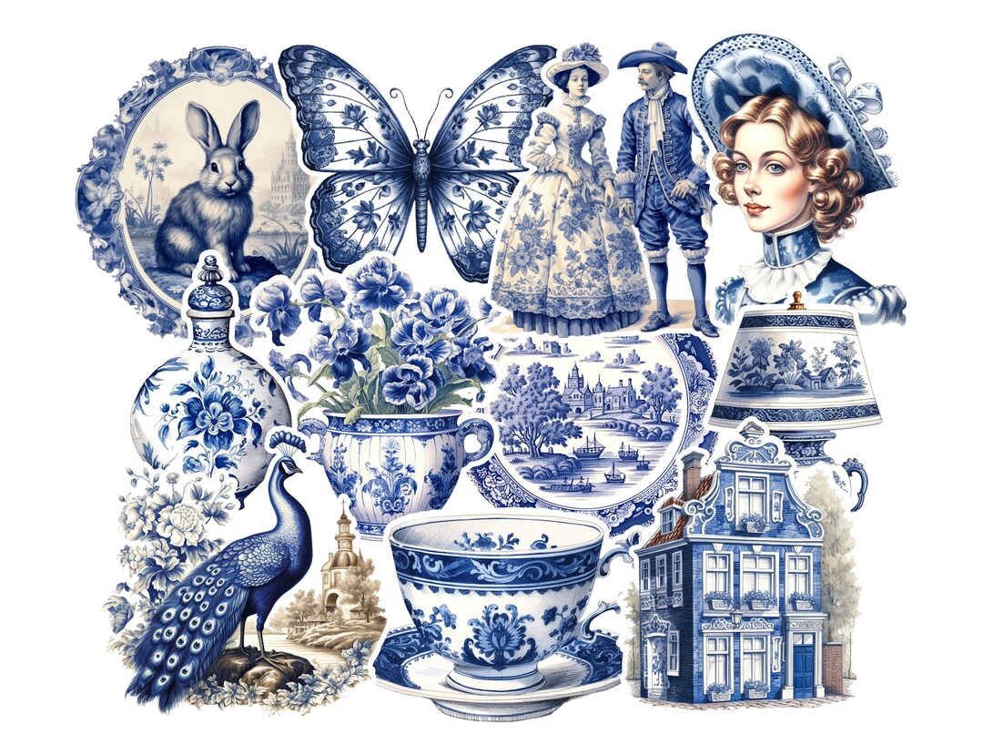 Vintage Delft Blue Sticker Pack. Blue and White Stickers. Pottery ...