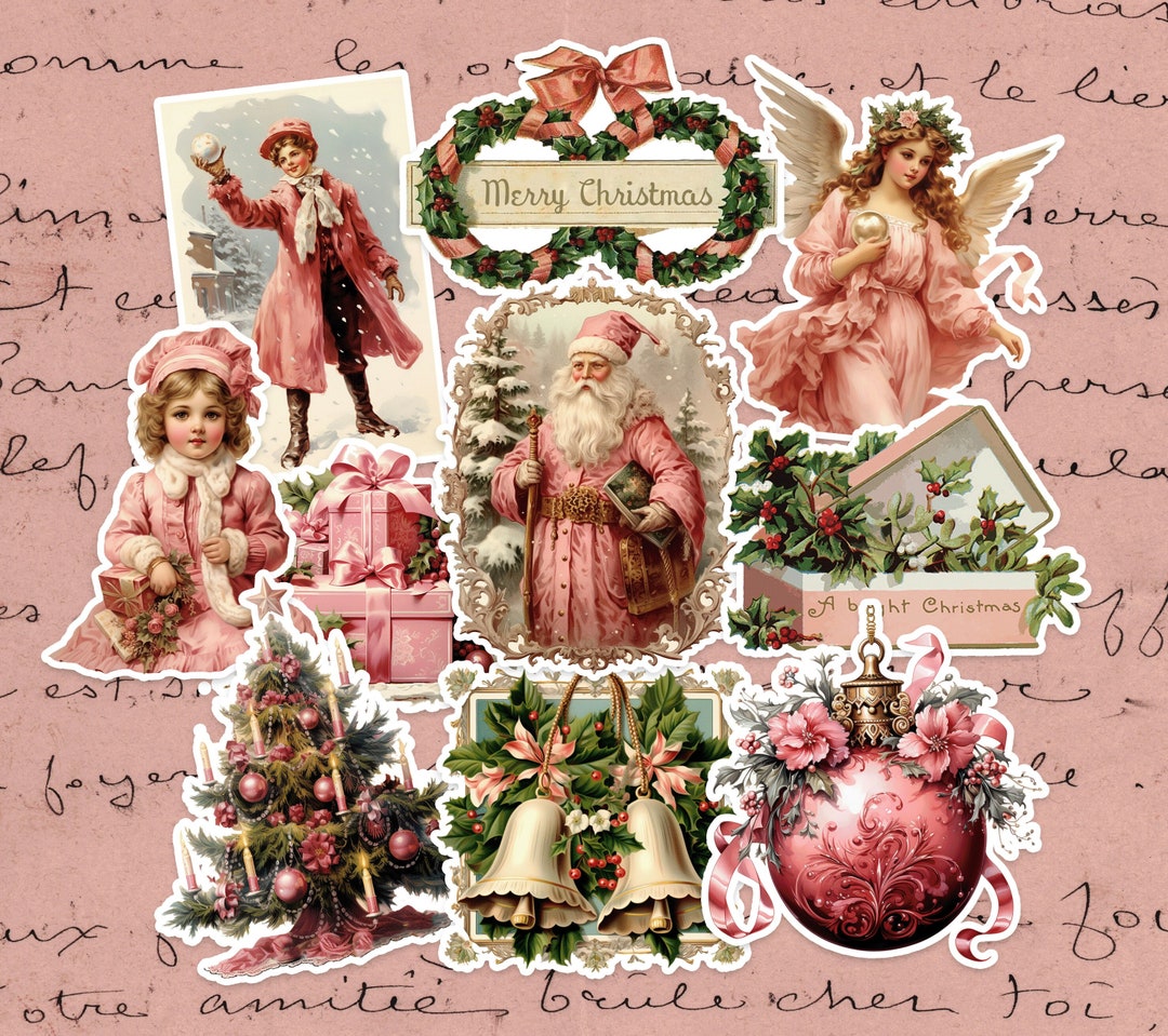 Victorian Pink Christmas Sticker Pack, Vintage Stickers, Junk Journal ...