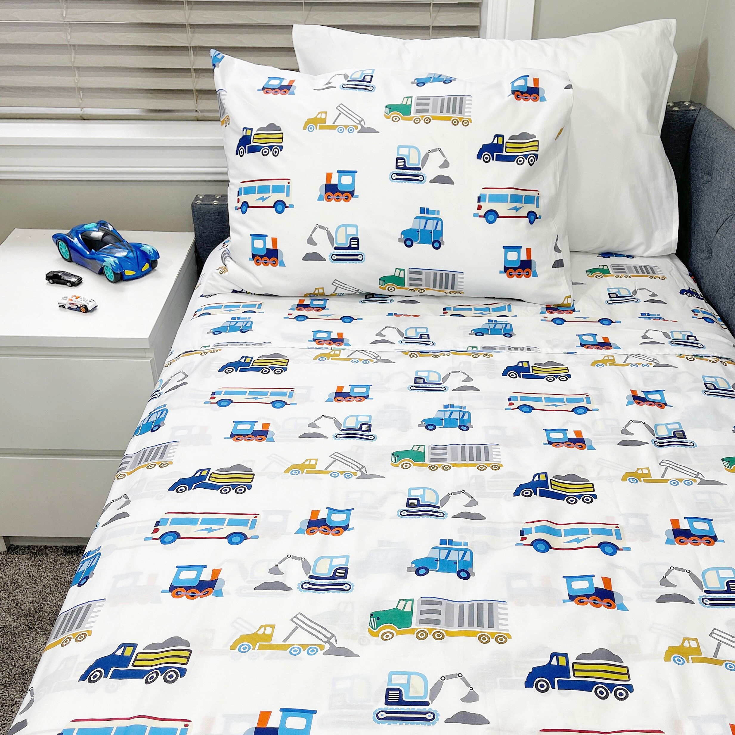 Busy Cars 100% Cotton Duvet Cover Set: Boys Vehicle Bedding, Soft Touch ...