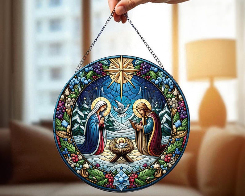 Nativity Scene Stained Glass Suncatcher, Holy Family Christmas Window ...