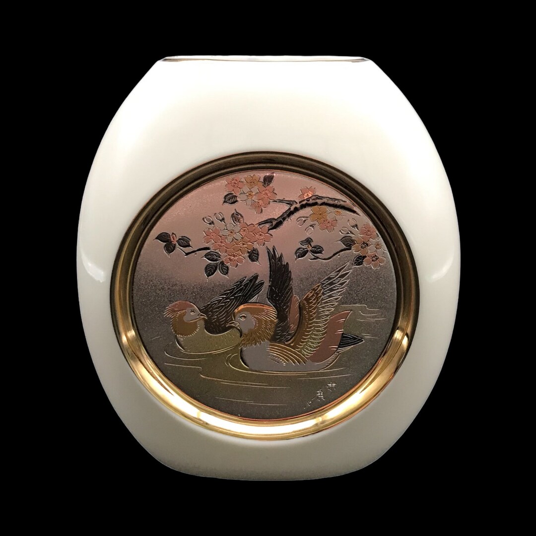 Vintage Japanese Chokin Vase Porcelain Ducks Cherry Blossoms Copper ...