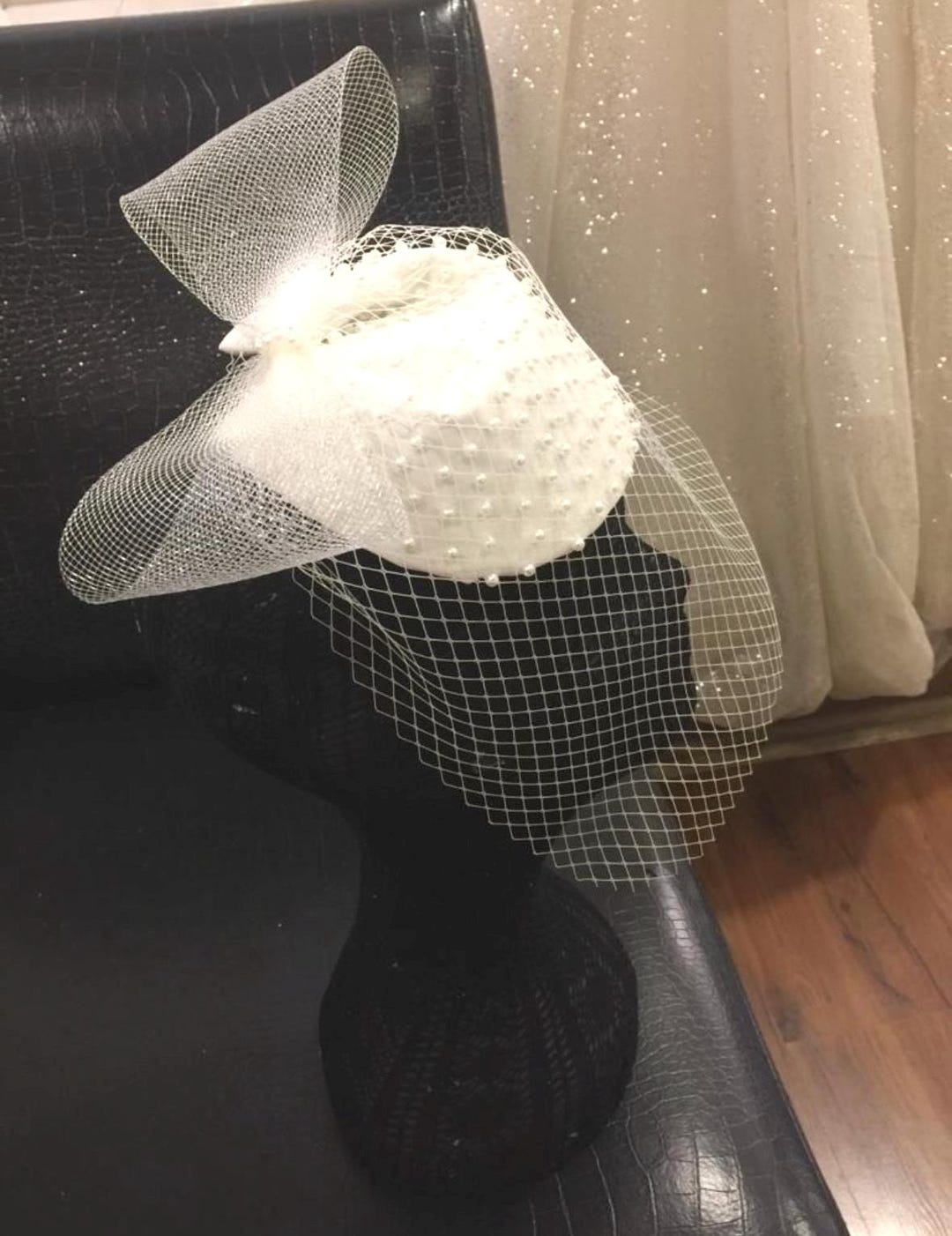 Hand Made White Voilette Veil Hat, Pill Box Bridal Fascinator, Wedding ...