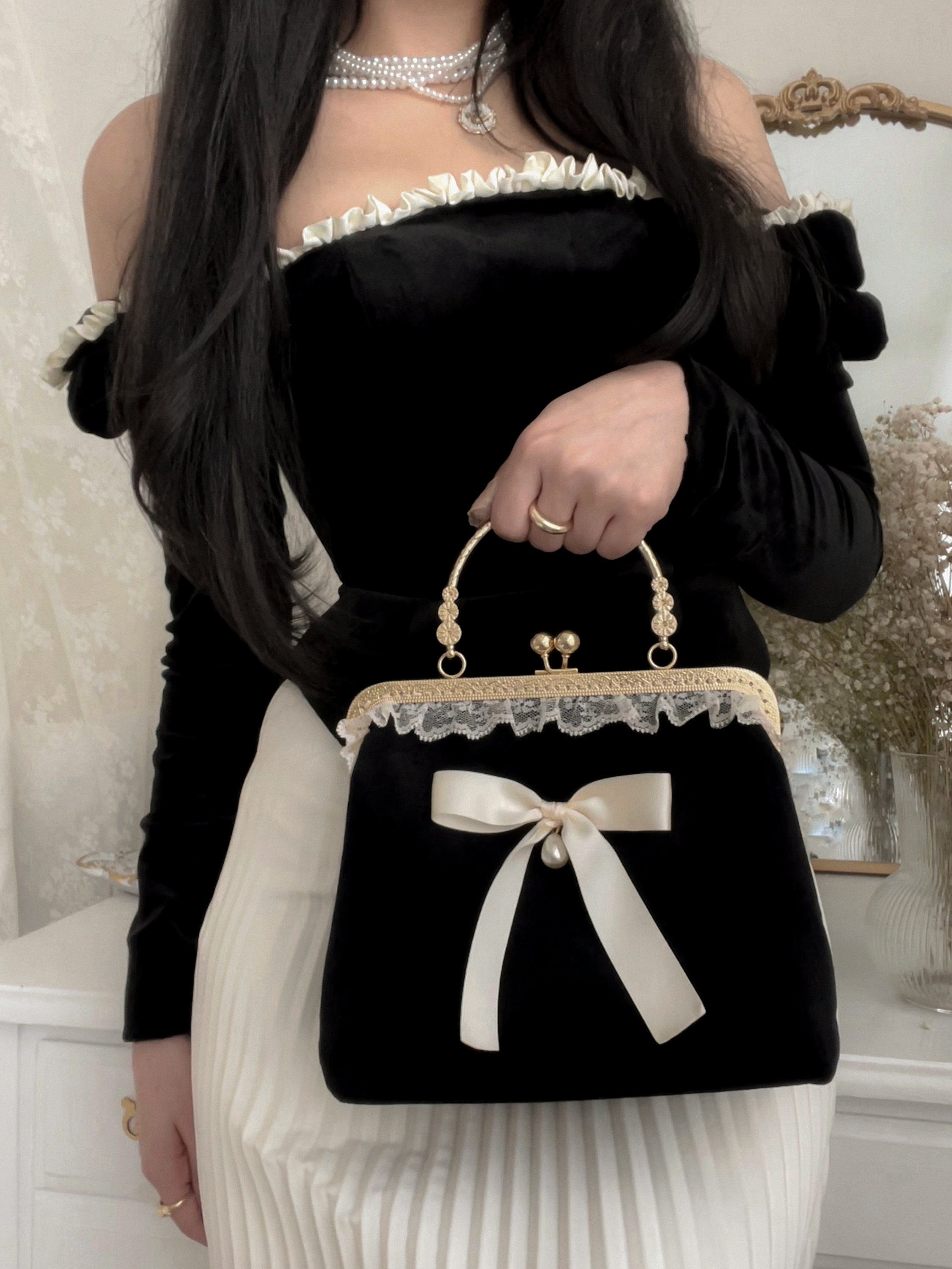 Black Velvet Celestine Clasp Bag - Handmade Clasp Bag - Velvet Handbag ...