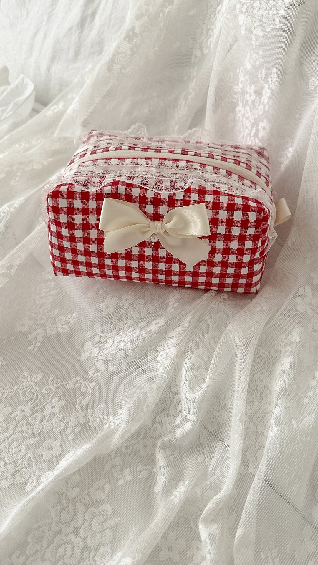 Freya Makeup Bag Red Gingham Makeup Bag With Ruffles, Toiletry Makeup ...