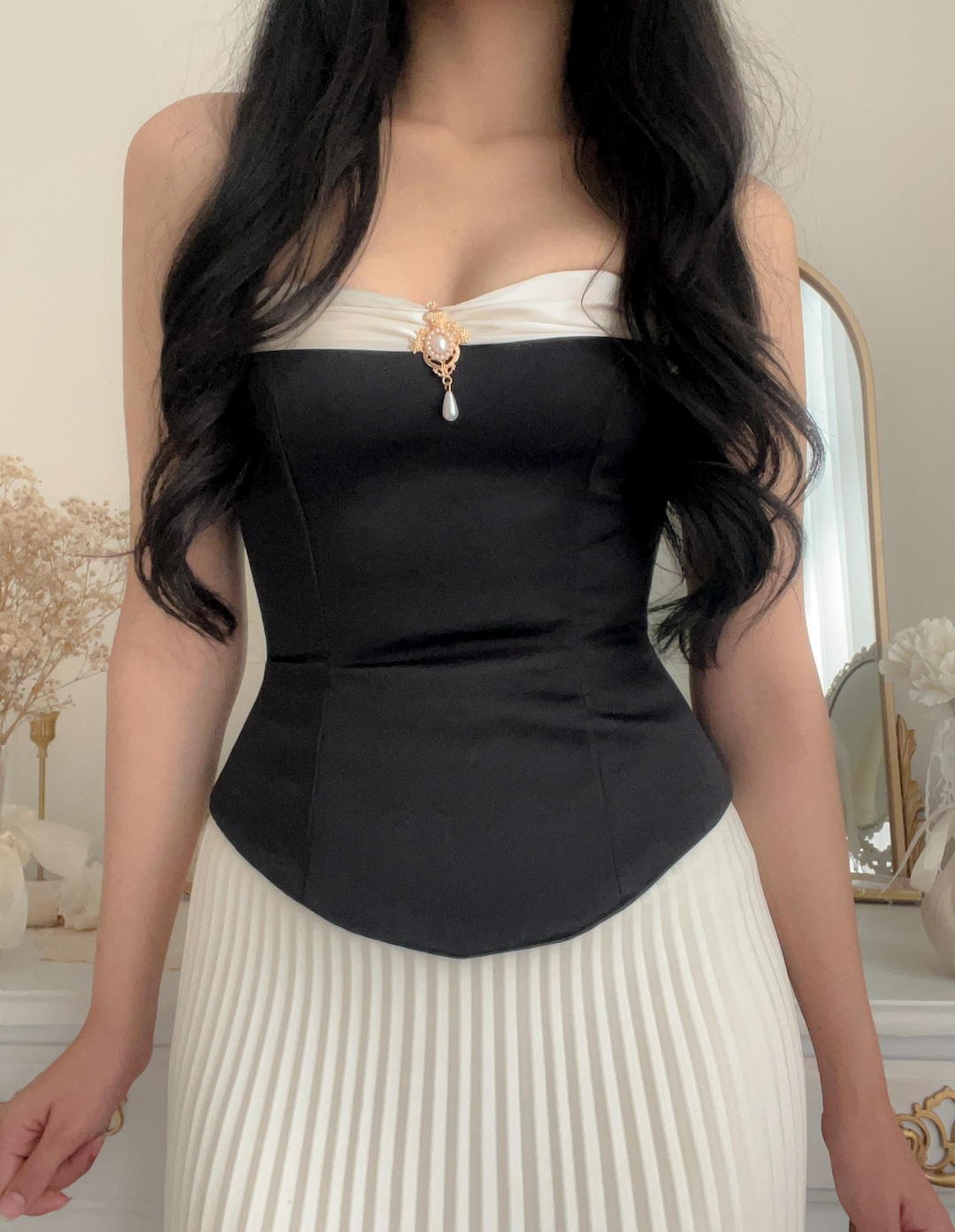 Anastasia Corset Top - Black Satin Corset With Lace up Back and Modest ...