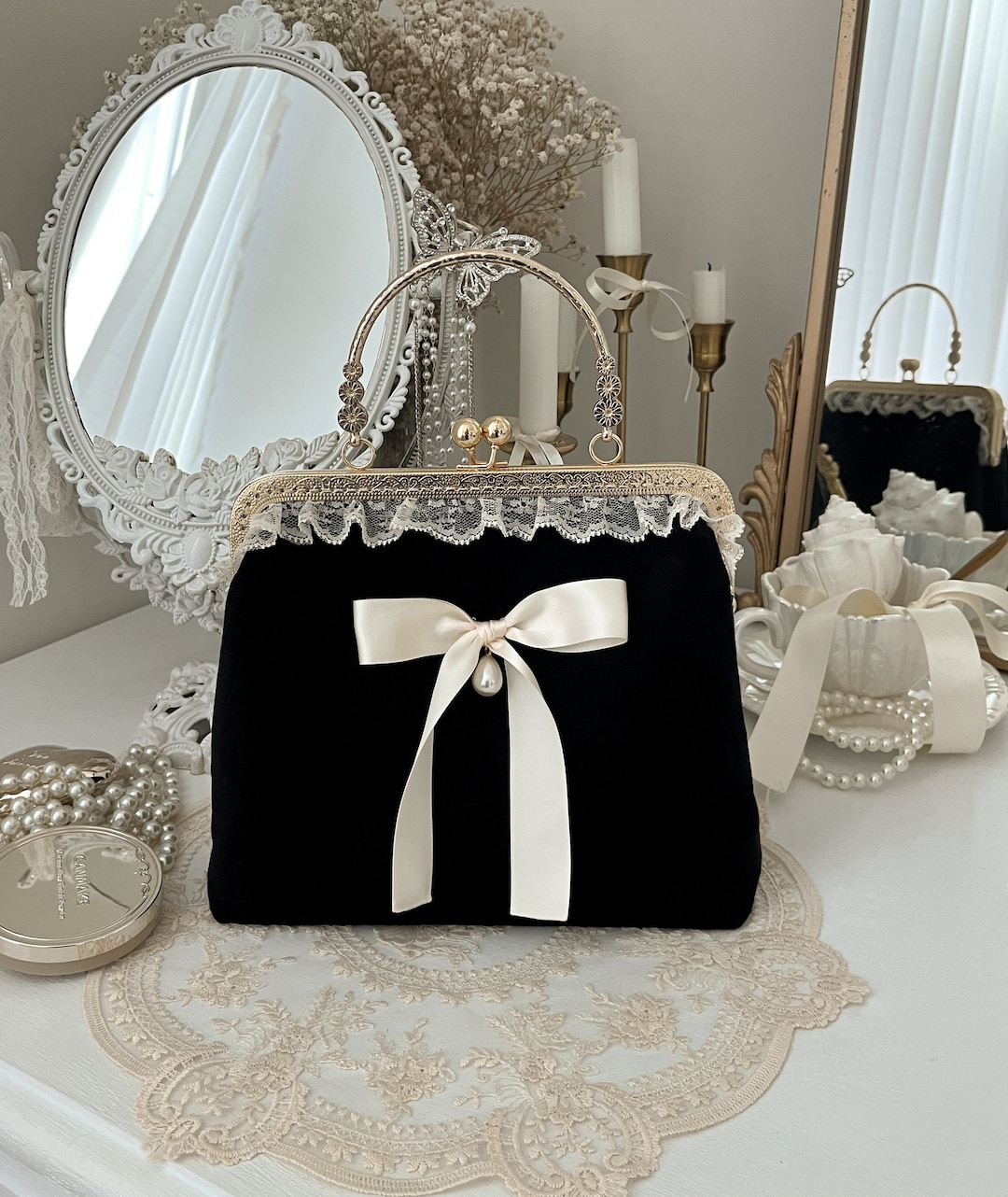 Black Velvet Celestine Clasp Bag - Handmade Clasp Bag - Velvet Handbag ...