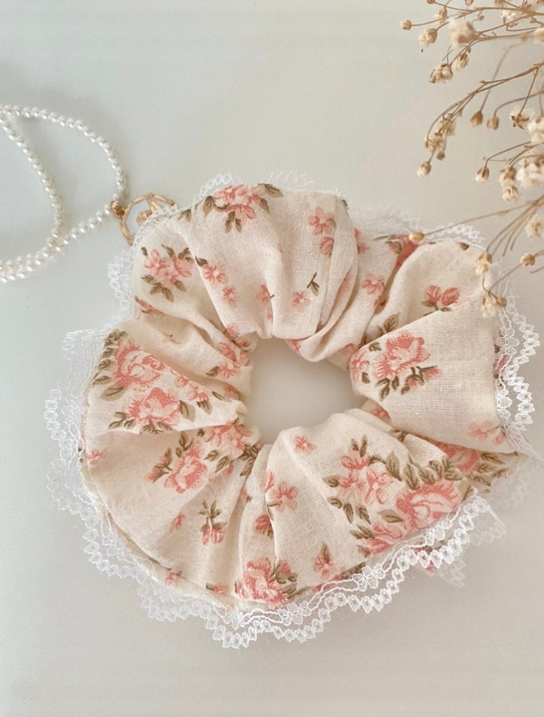 Aurora Scrunchie - Handmade Floral Scrunchie With Lace - Floral ...