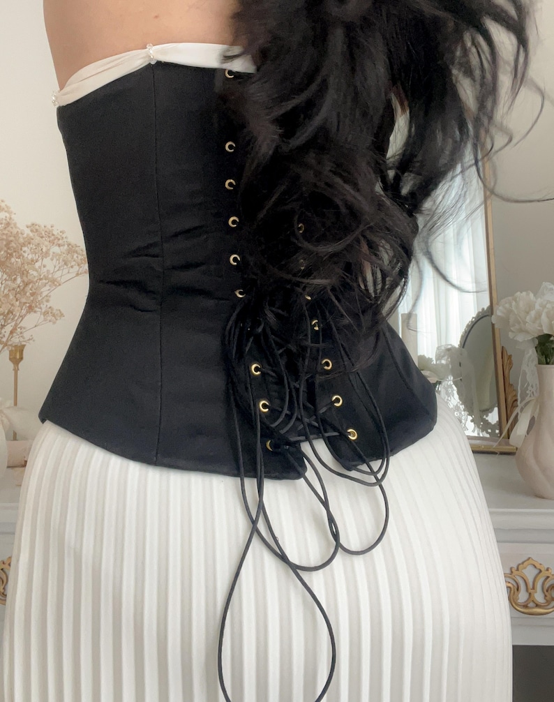 Anastasia Corset Top - Black Satin Corset With Lace up Back and Modest ...