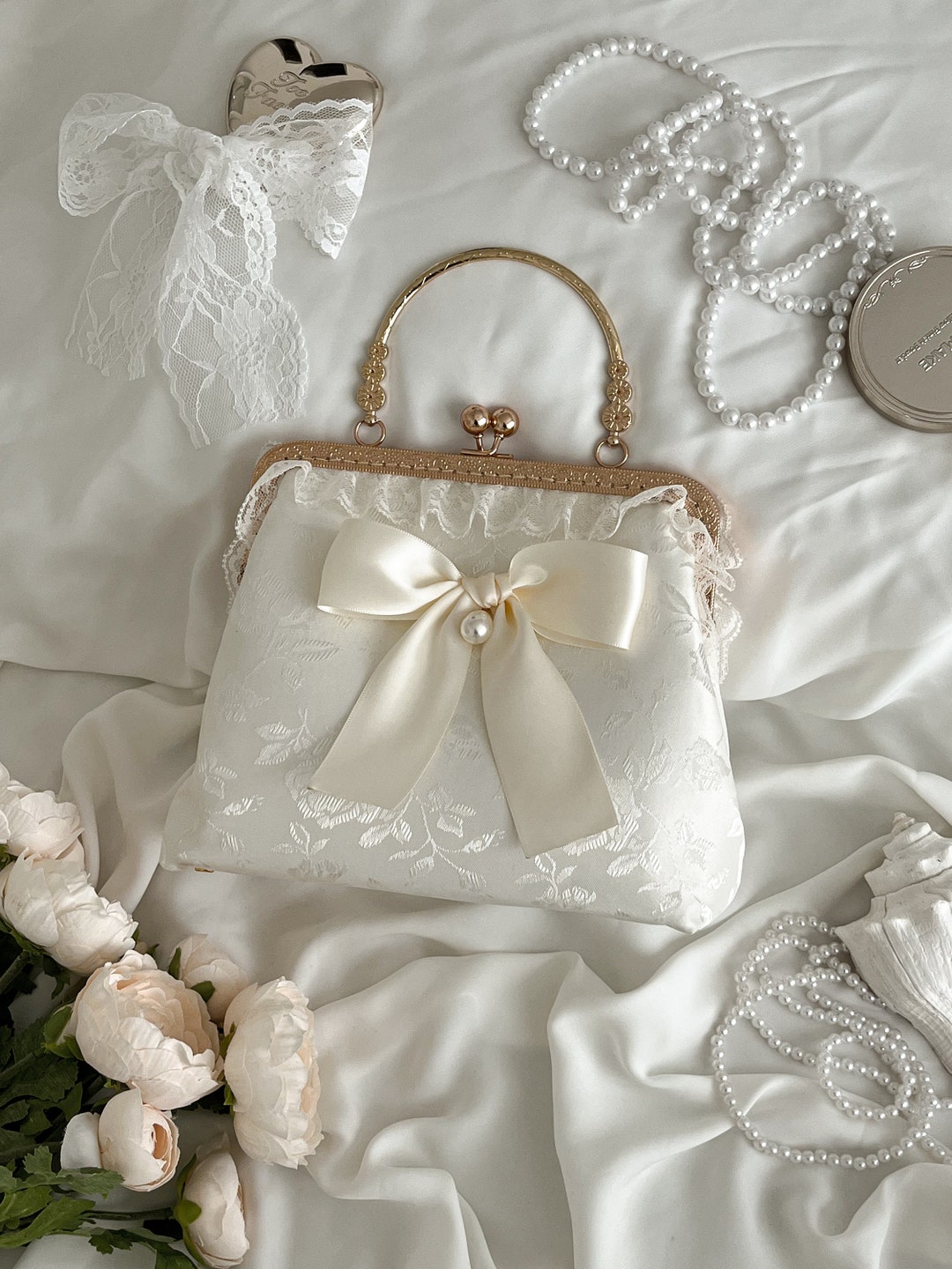 Ivory Jacquard Celestine Bag - Handmade Clasp Bag - Bridal Gifts ...