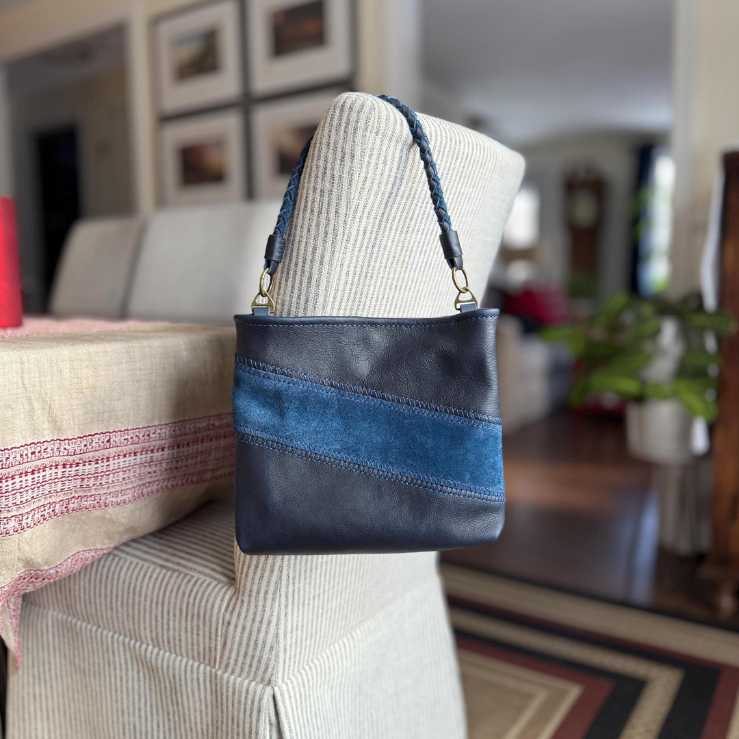 Full Grain Leather Navy Slim Bucket Style Bag - Etsy