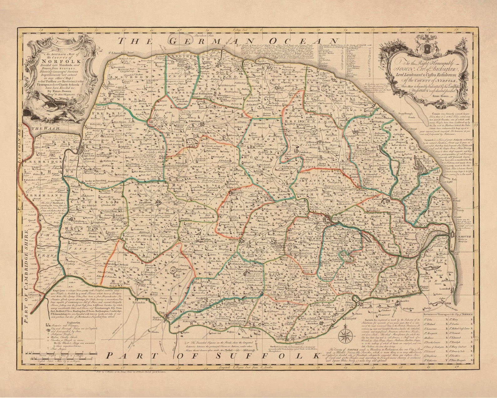Norfolk Map Dated 1749 Antique Reproduction Emanuel Bowen Detailed ...