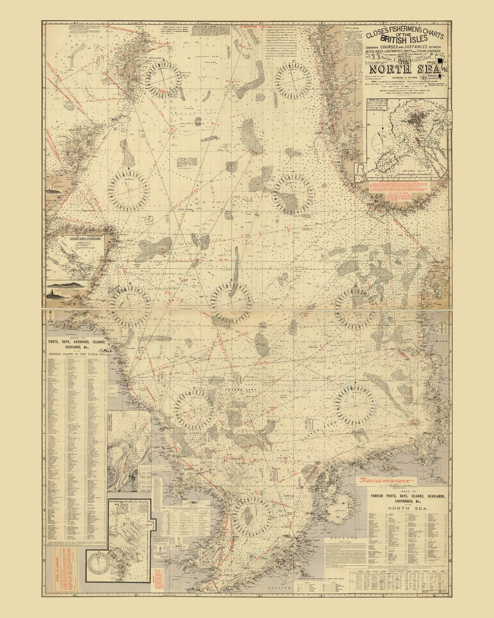Fishermen's Chart of the North Sea Map Antique Reproduction Dated 1920 ...
