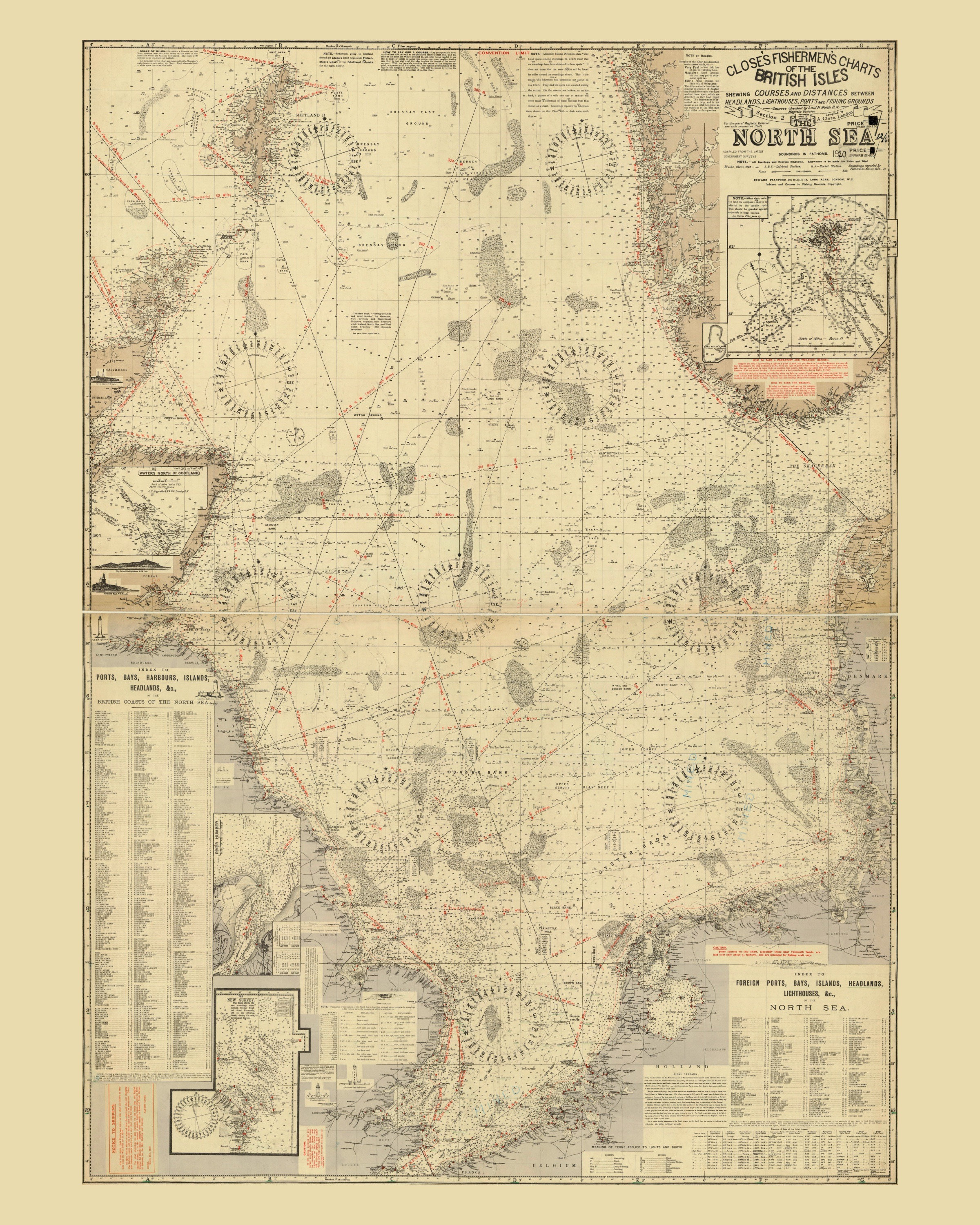 Fishermen's Chart of the North Sea Map Antique Reproduction Dated 1920 ...