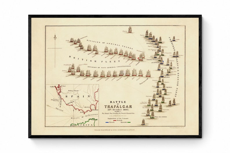 Battle of Trafalgar Map Showing Positions in Battle - Antique ...