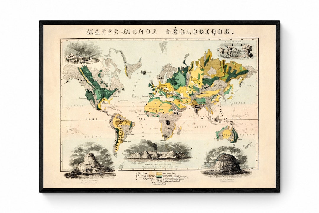 Geological World Map - Antique Reproduction - Dated 1858 - Geology ...