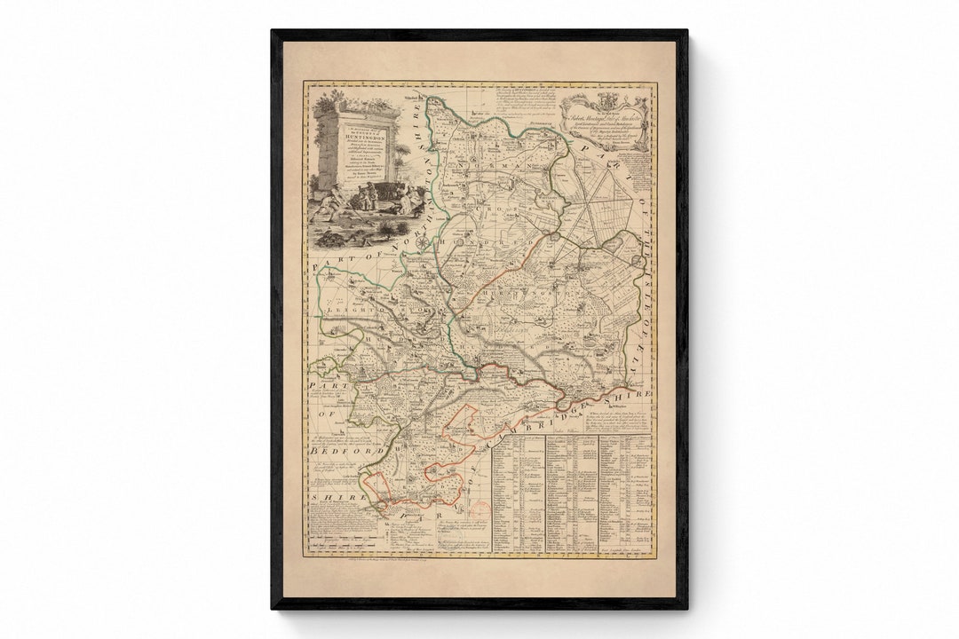 Huntingdon Map Dated 1749 - Antique Reproduction - Emanuel Bowen ...