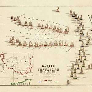 Battle of Trafalgar Map Showing Positions in Battle - Antique ...