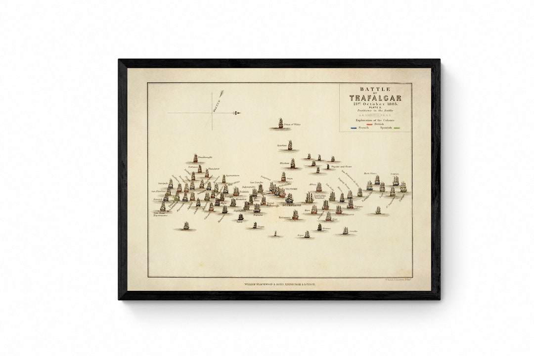 Battle of Trafalgar Map Showing Positions in Battle - Antique ...