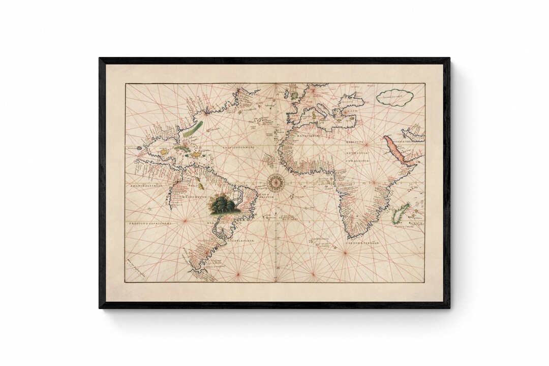 Atlantic Ocean Portolan Nautical Chart Dated 1544 - Antique ...