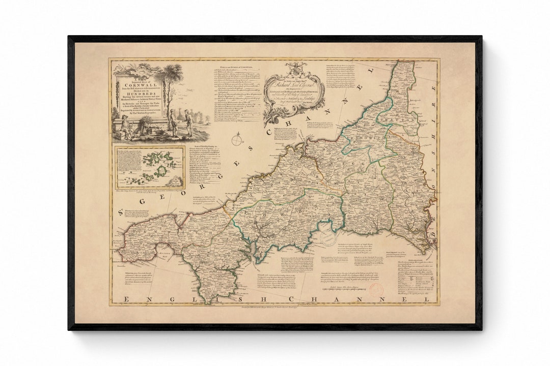 Cornwall Map Dated 1750 - Antique Reproduction - Emanuel Bowen ...