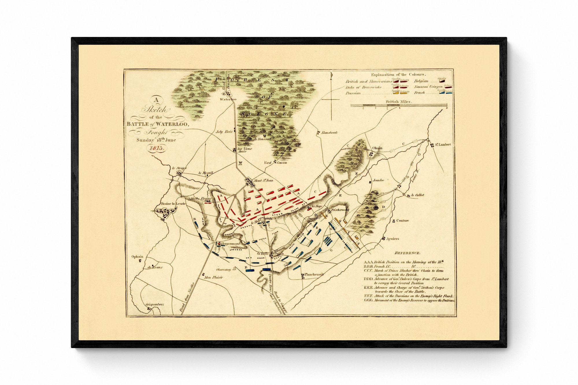 Battle of Waterloo Map Showing Positions in Battle Antique Reproduction ...