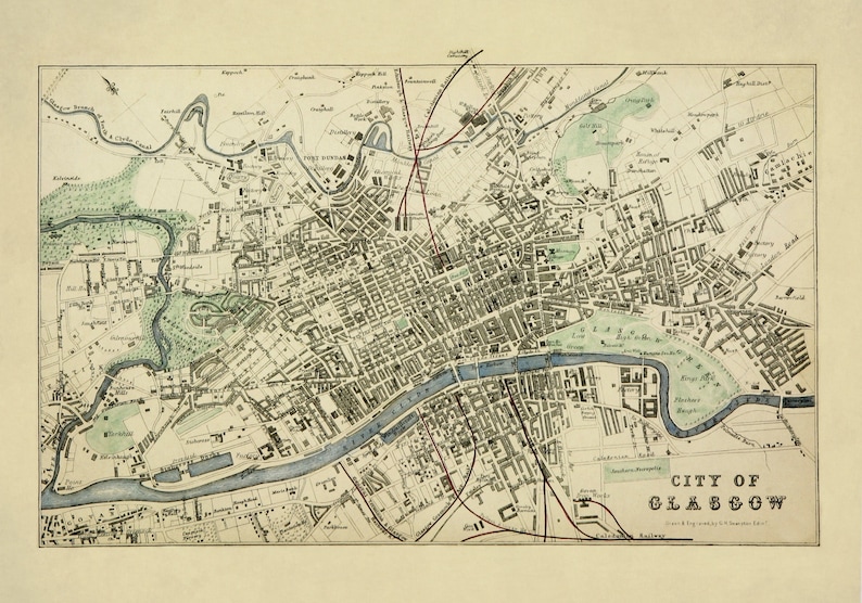 Mapa de la ciudad de Glasgow fechado en 1871 - Reproducción antigua ...