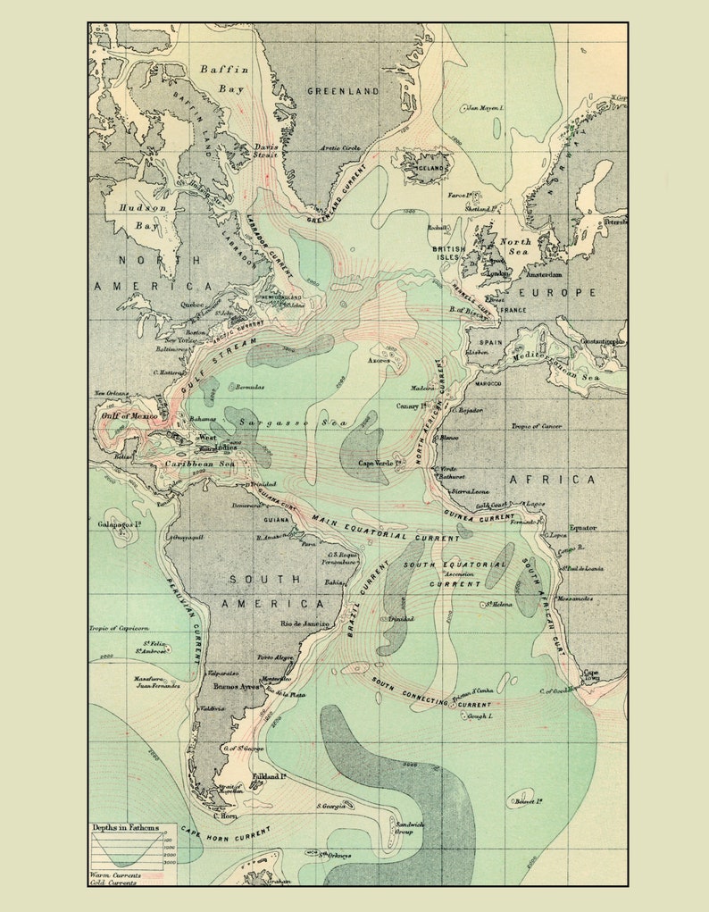 Atlantic Ocean Map Showing Ocean Currents Antique - Etsy