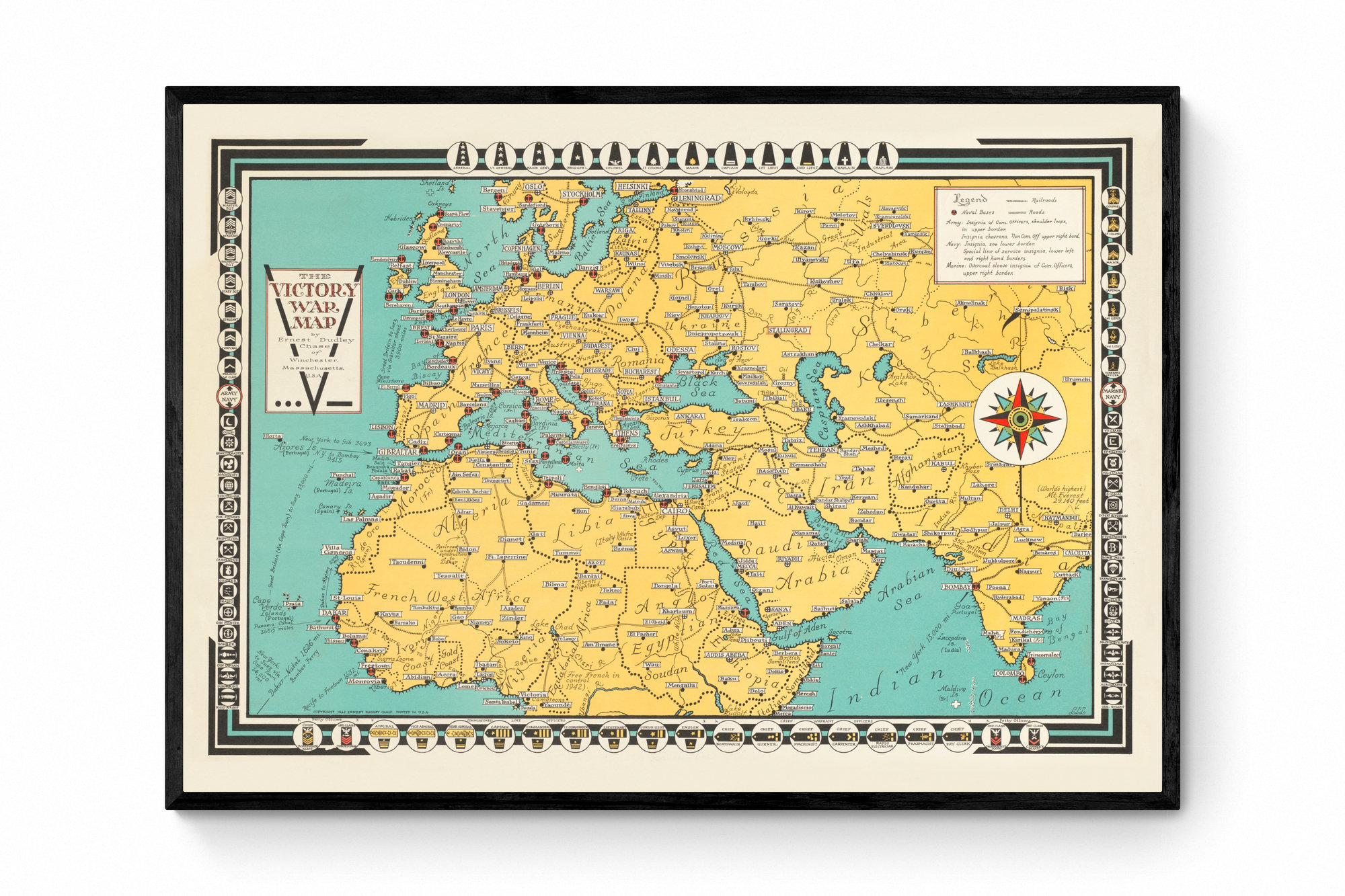Victory War Map Showing Naval Bases and Army, Navy and Marine Insignia ...