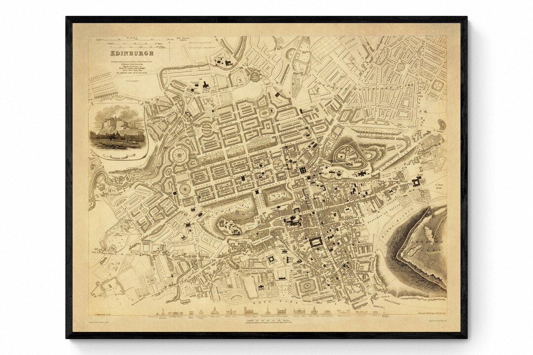 Edinburgh City Plan Dated 1834 With Inset Engraving of Edinburgh Castle ...