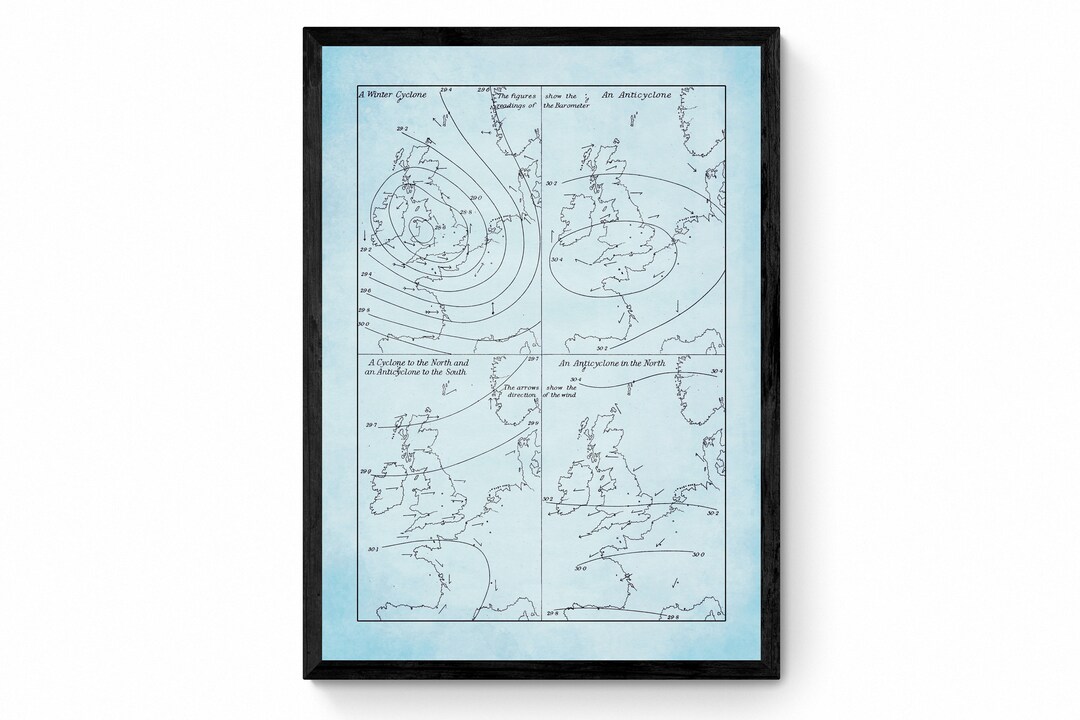 Meteorology Map - Cyclones and Anticyclones - Antique Reproduction ...