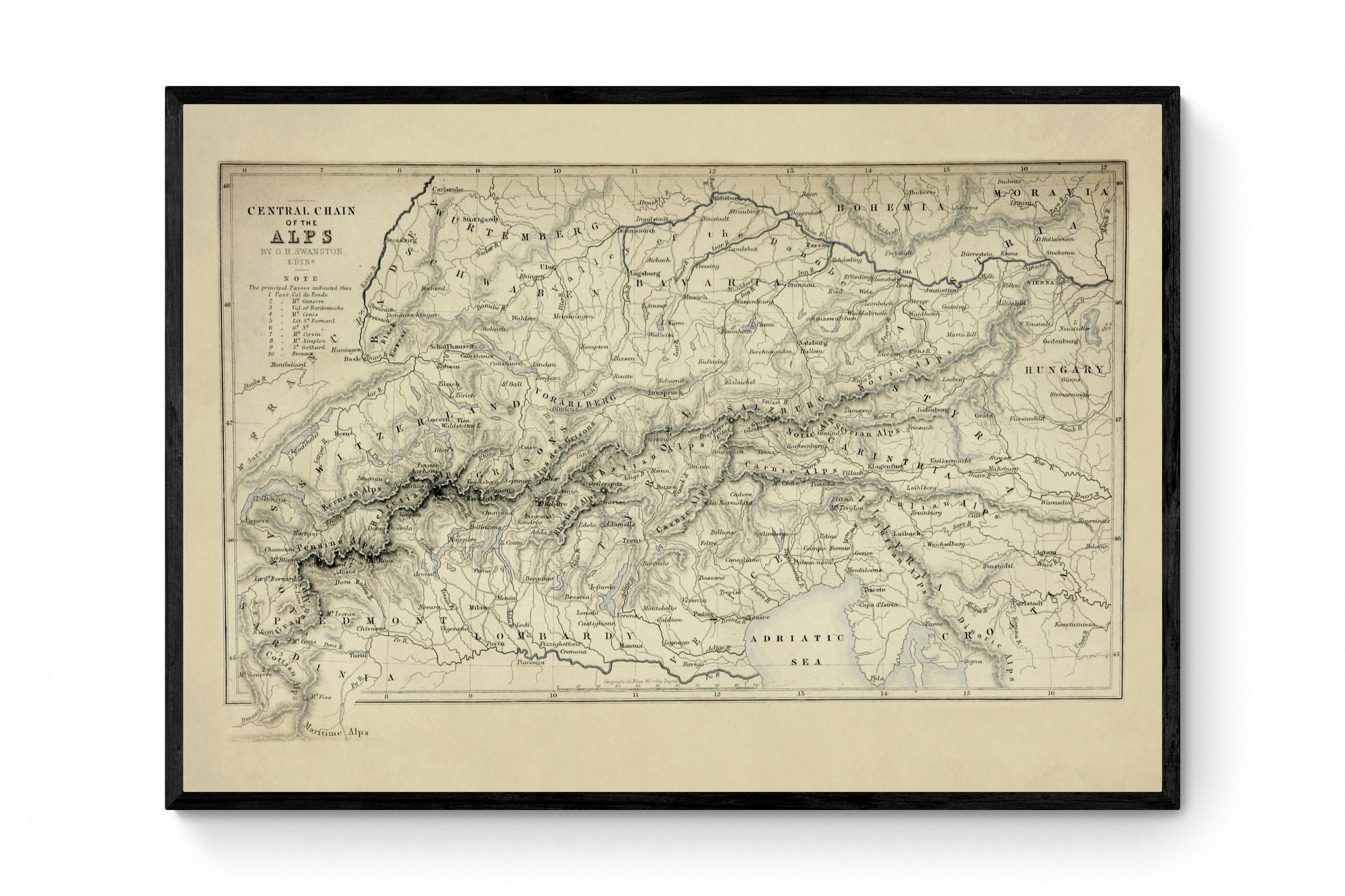 Central Chain of the Alps Map Dated 1871 - Antique Reproduction ...