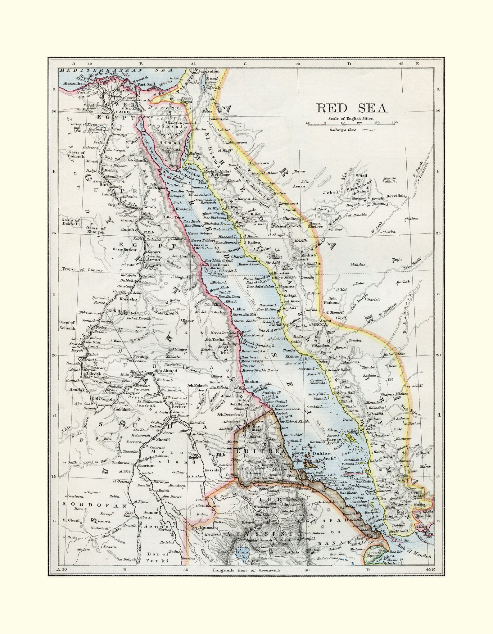 Red Sea Map Antique Reproduction Djibouti, Egypt, Eritrea, Saudi Arabia ...