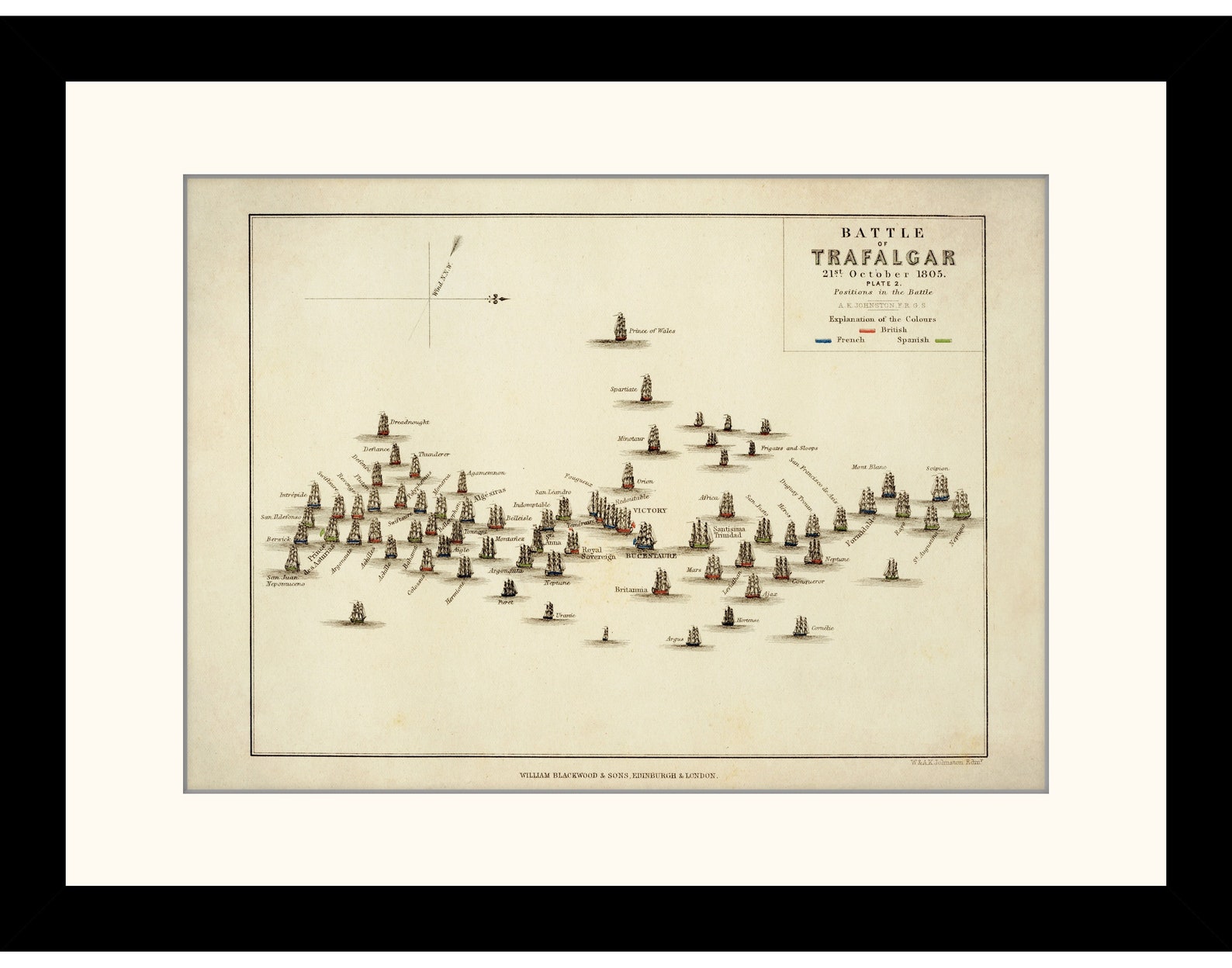 Battle of Trafalgar Map Showing Positions in Battle - Antique ...